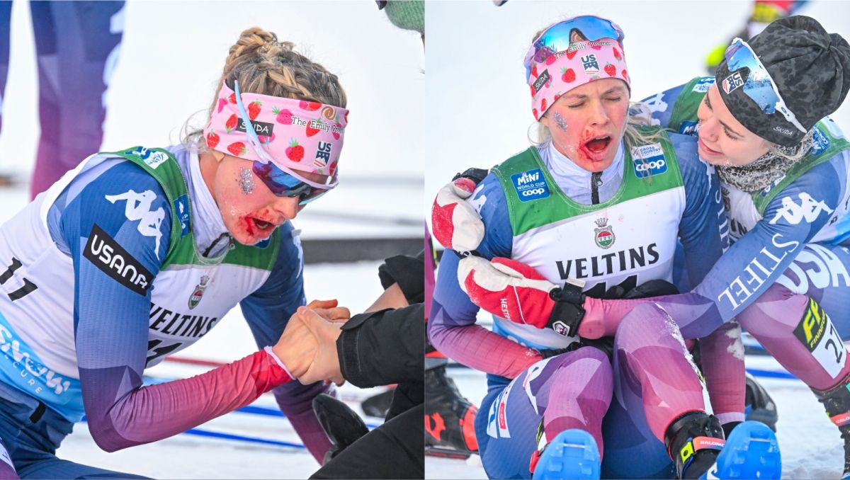 Biegi narciarskie. Jessica Diggins zraniona kijkiem tuż przed finiszem [WIDEO] | TVP SPORT